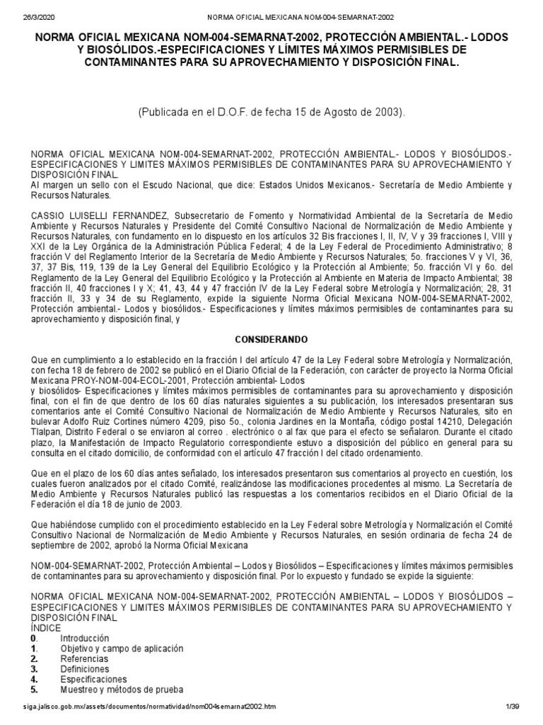 Norma Oficial Mexicana Nom-004-Semarnat-2002 | PDF | Digestión ...