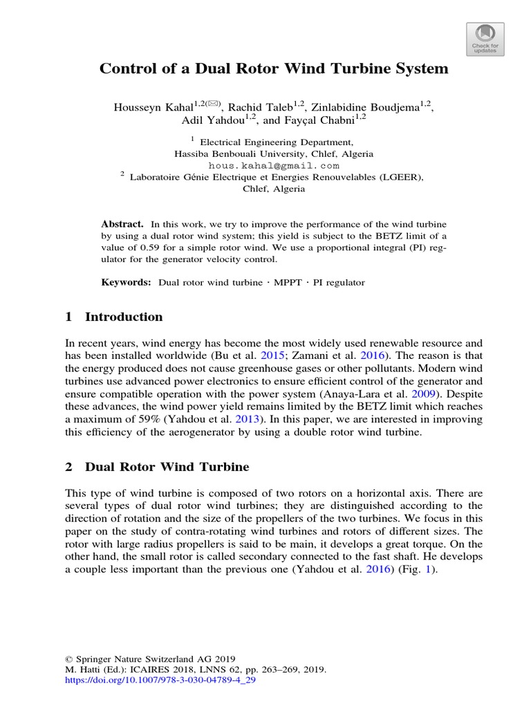 Control Of A Dual Rotor Wind Turbine System Pdf Turbine Wind Turbine