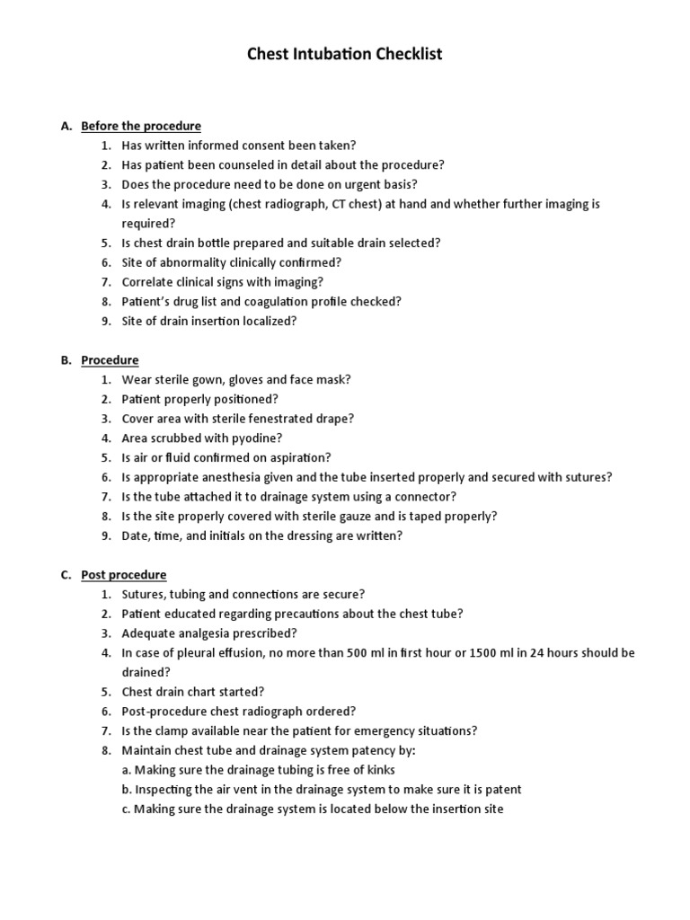 Chest Intubation Checklist: A. Before the procedure