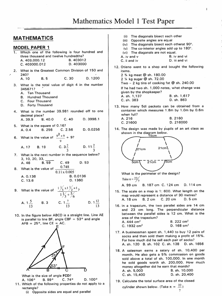 KCPE Mathematics Model Test Papers | PDF | Foreign Language Studies
