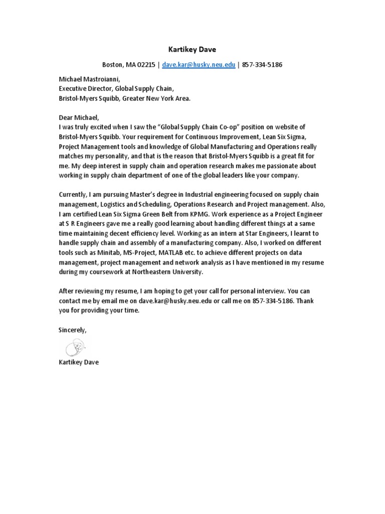 Cover Letter Bristol-Myers Squibb PDF | PDF