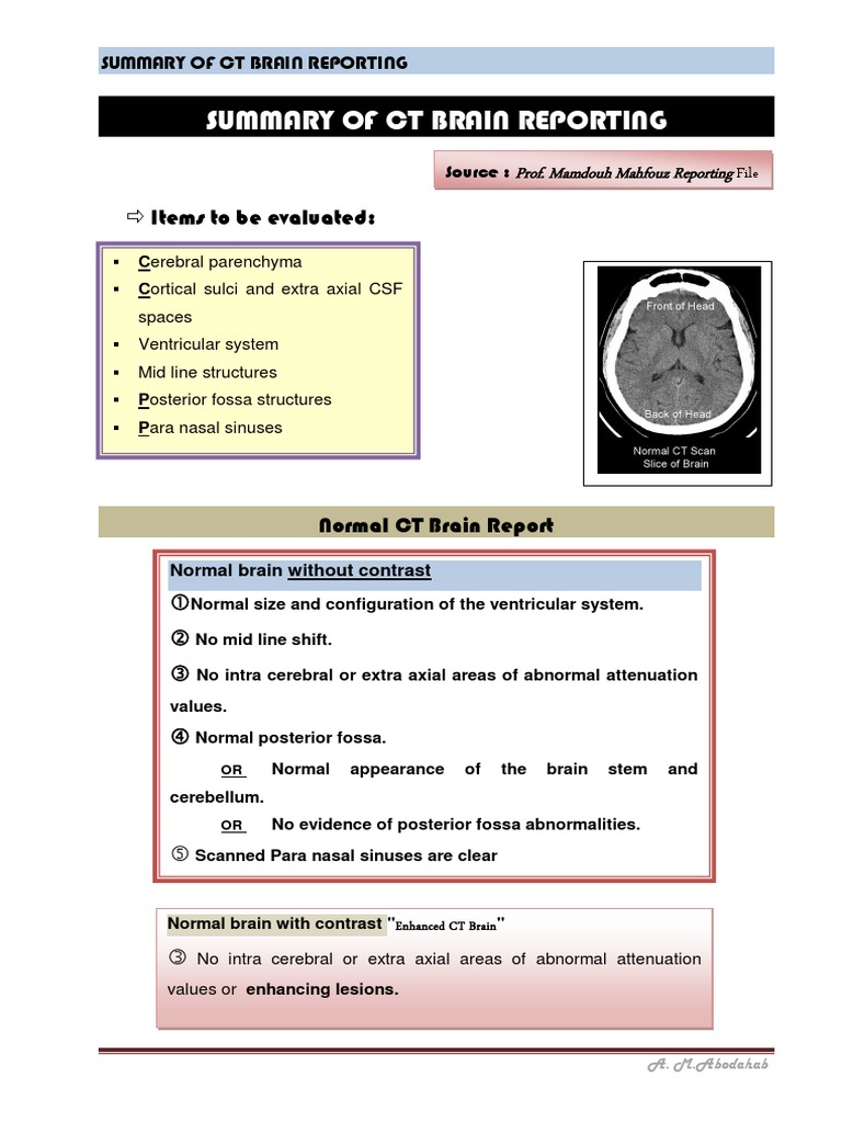 CT Brain Reporting Summary Guide | PDF | Cerebrospinal Fluid | Nervous ...