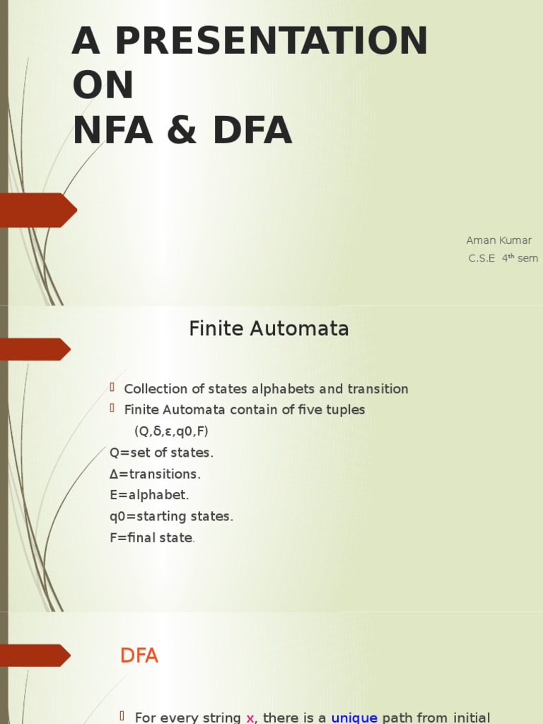 A Presentation ON Nfa & Dfa: Aman Kumar C.S.E 4 Sem | PDF | String (Computer Science) | Digital ...