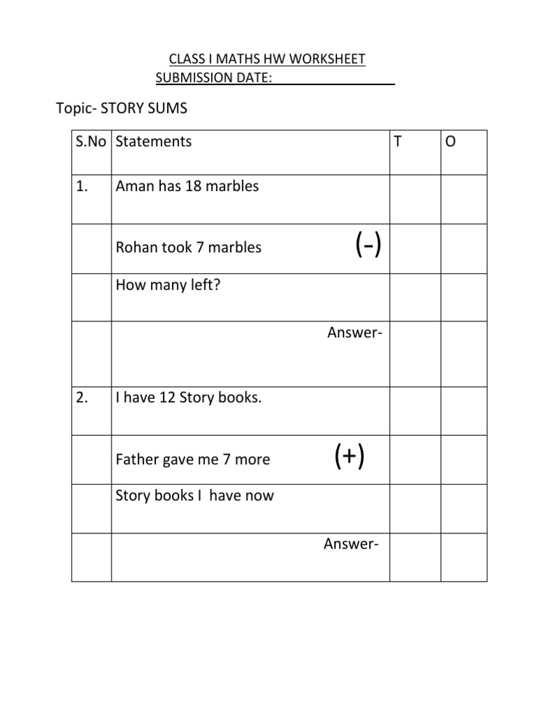 CBSE Class 1 Maths Practice Worksheets (78) - Story Sums PDF | PDF