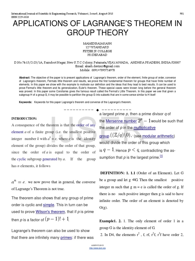 Ijser: Applications of Lagrange'S Theorem in Group Theory | Download Free PDF | Group ...