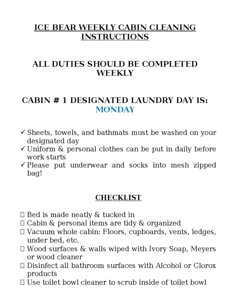 Weekly Cabin Cleaning Checklist | PDF