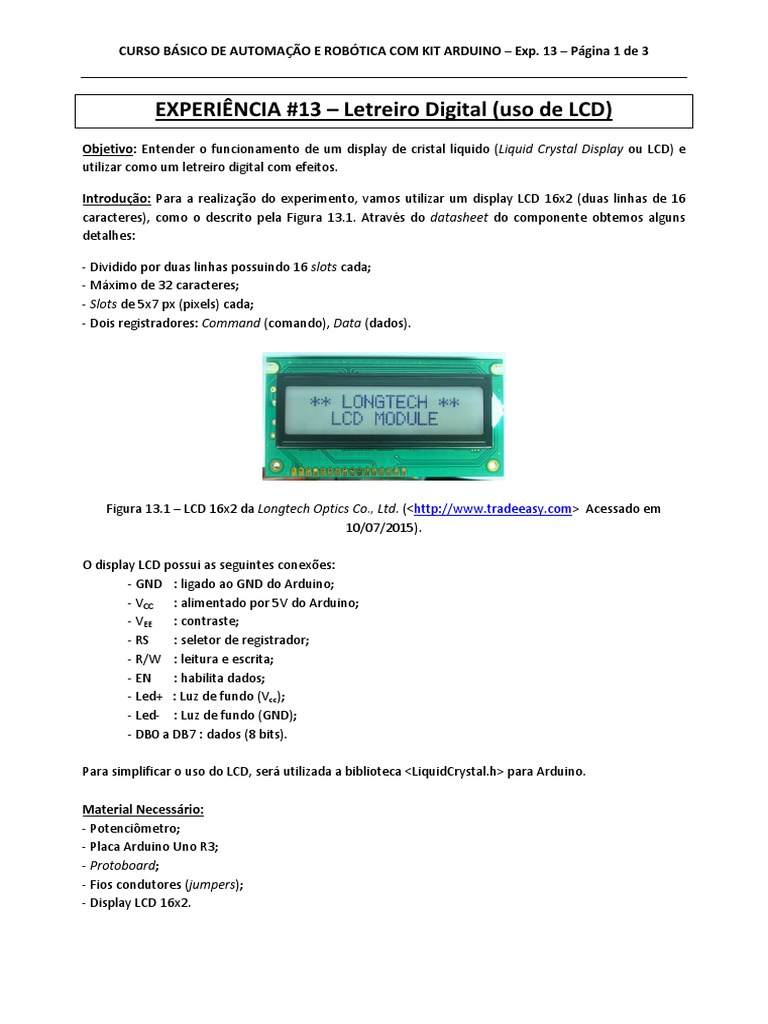 13 Letreiro Digital Com LCD | PDF | Arduino | Visor de cristal líquido
