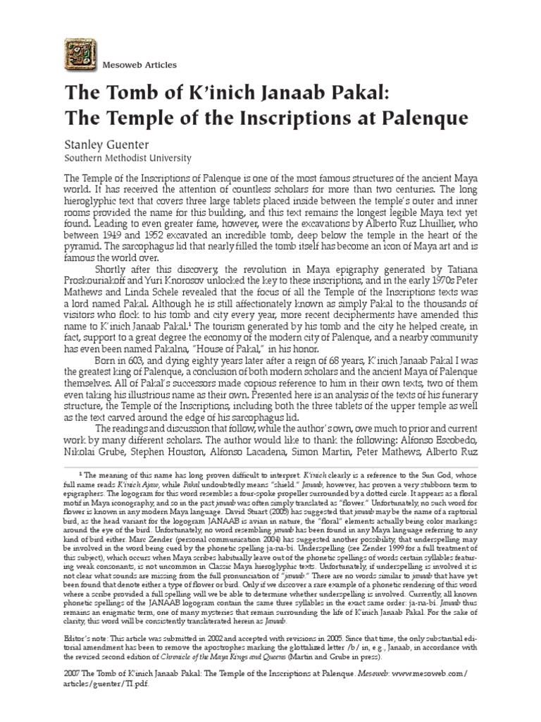 The Tomb of K'inich Janaab Pakal: The Temple of The Inscriptions at ...