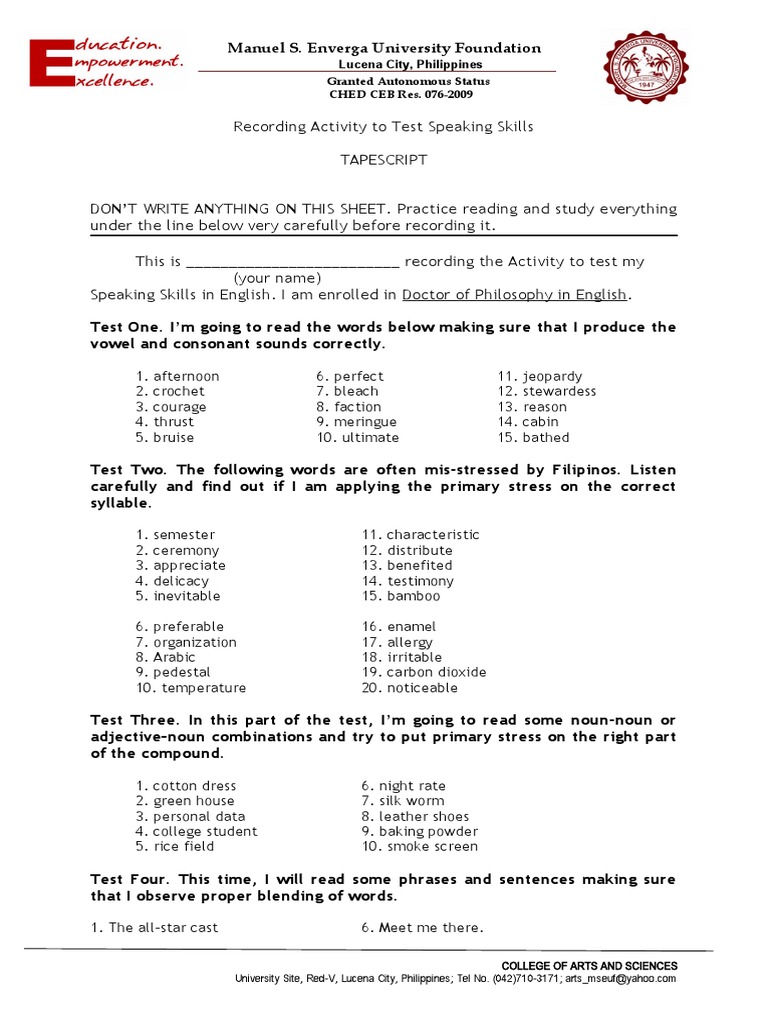 English Speaking Skills Test Guide | PDF | Stress (Linguistics ...