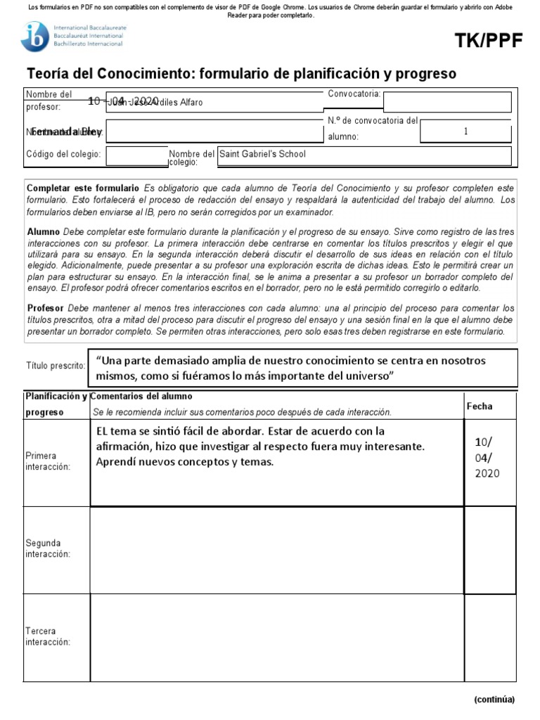 Formulario de Progreso TK/PPF IB | PDF | Ensayos | Escuelas