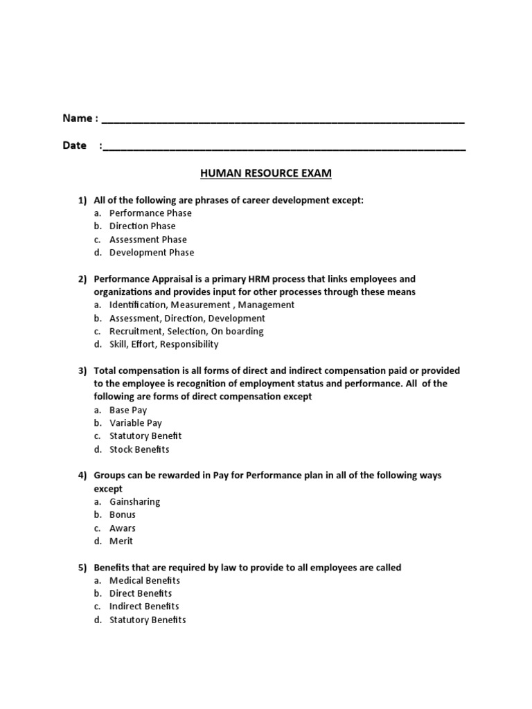 Name: - Date: - Human Resource Exam | PDF | Employment | Human Resource ...
