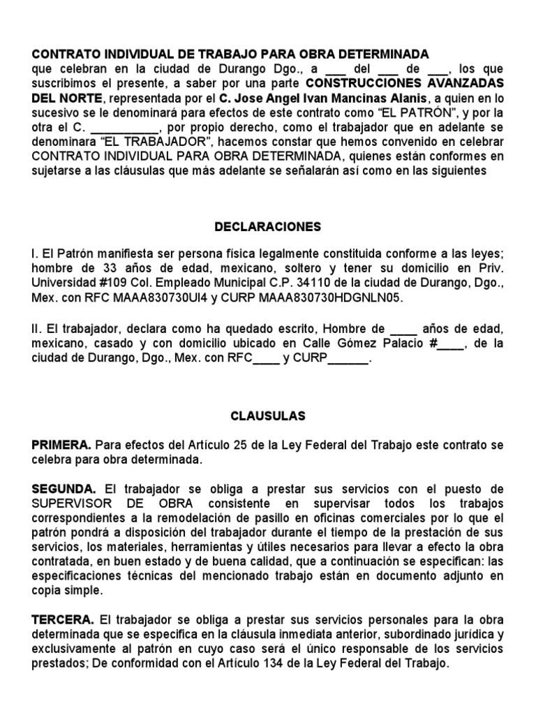 Contrato Individual de Trabajo para Obra Determinada | PDF | Salario | Tiempo de trabajo