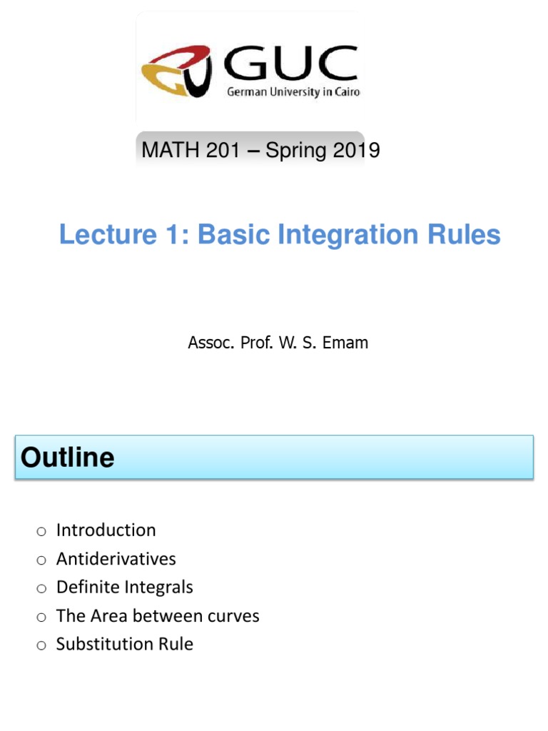 Lecture 1: Basic Integration Rules: MATH 201 - Spring 2019 | PDF ...