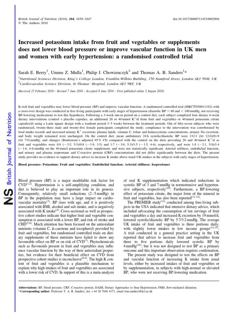 Increased Potassium Intake From Fruit and Vegetabl PDF | PDF ...