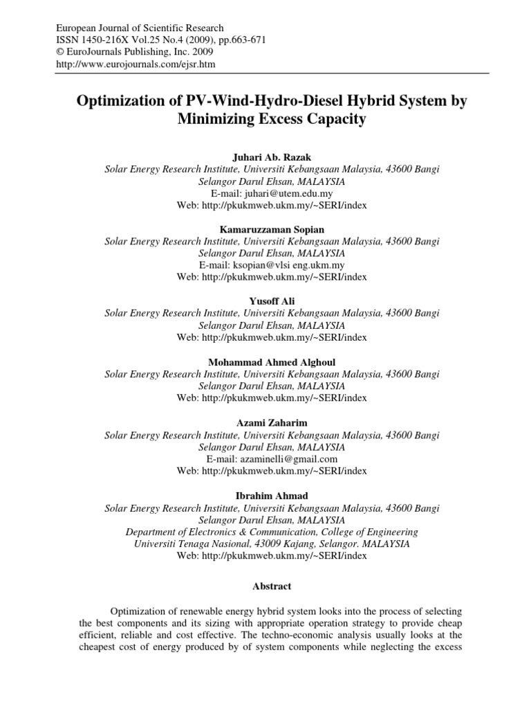 Optimization of PV-Wind-Hydro-Diesel Hybrid System by Minimizing Excess ...