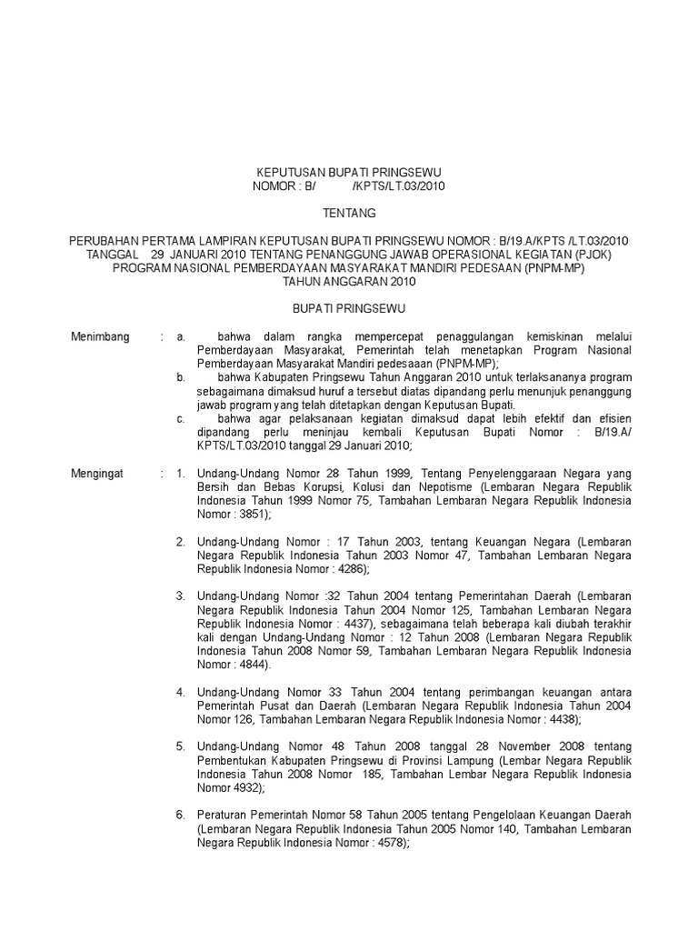 SK - Perubahan Penetapan Unit Pengelola (UPK) Kep. Bupati | PDF