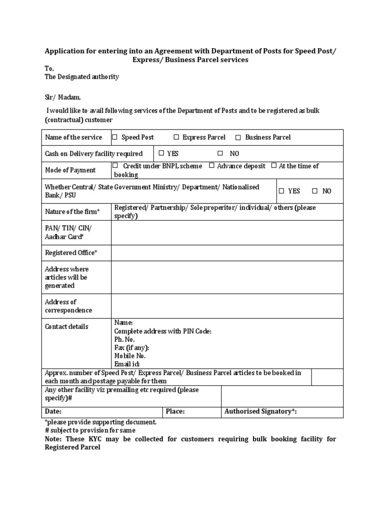 Application For Entering Into An Agreement With Department of Posts For ...