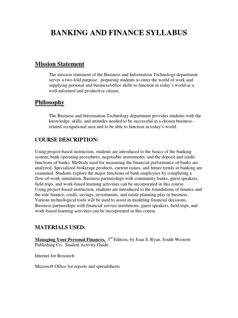 Banking and Finance Syllabus: Mission Statement | PDF | Banks | Credit