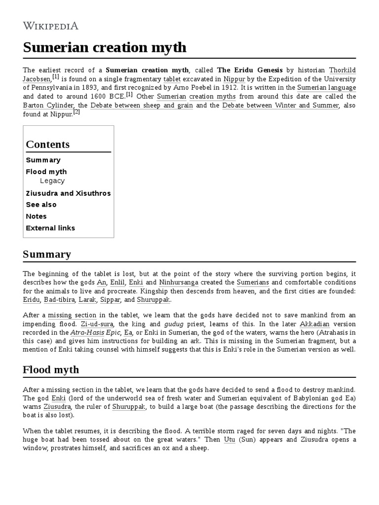 Sumerian Creation Myth: Flood Myth Ziusudra and Xisuthros See Also ...