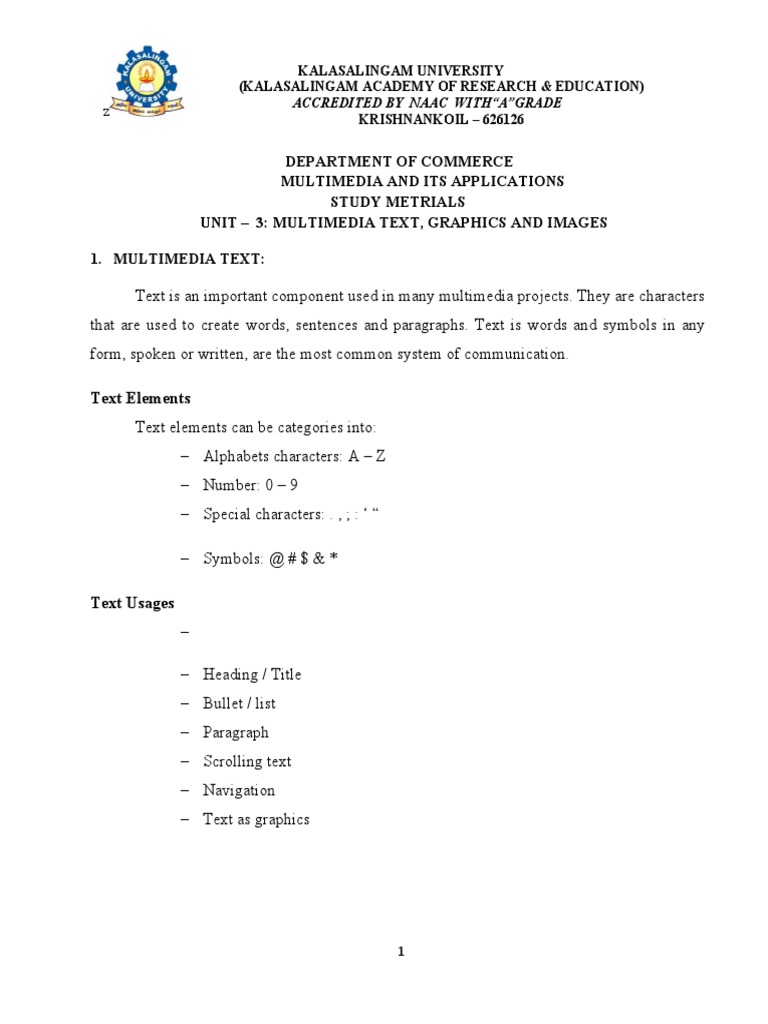 Department of Commerce Multimedia and Its Applications Study Metrials ...