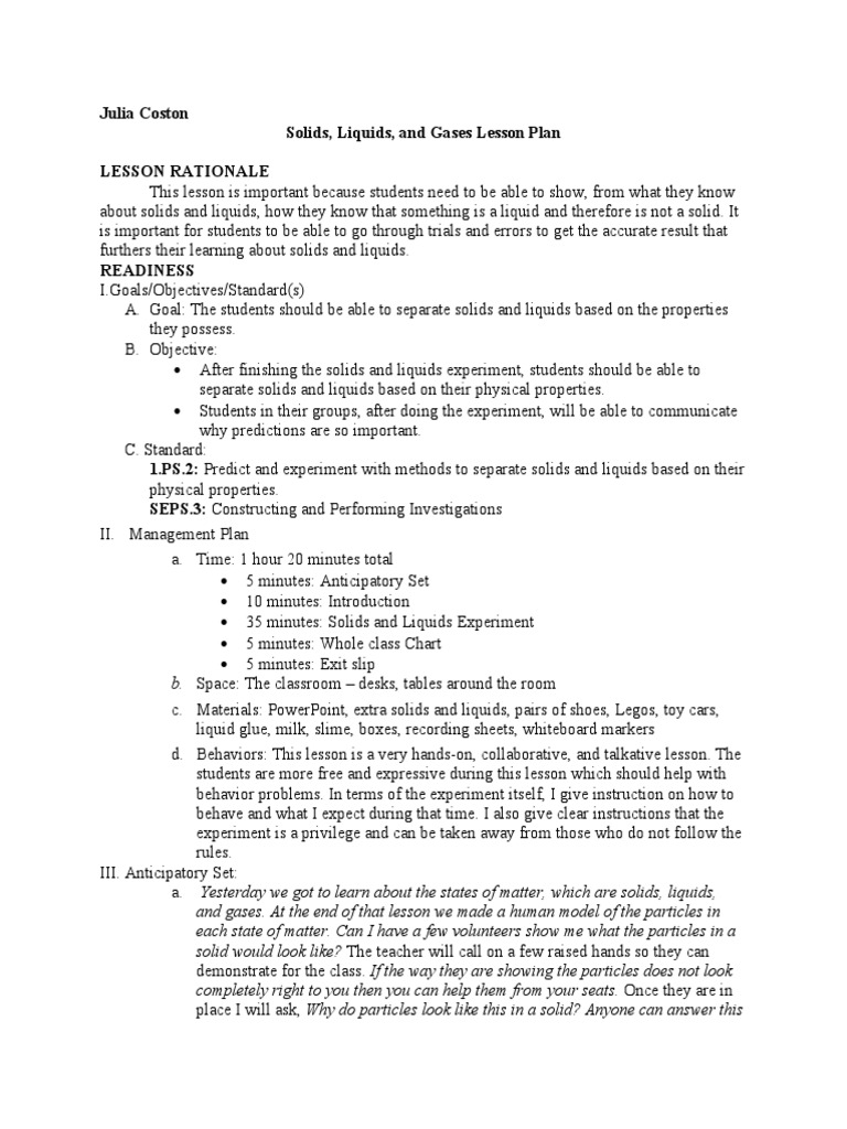 Julia Coston Solids, Liquids, and Gases Lesson Plan Lesson Rationale ...