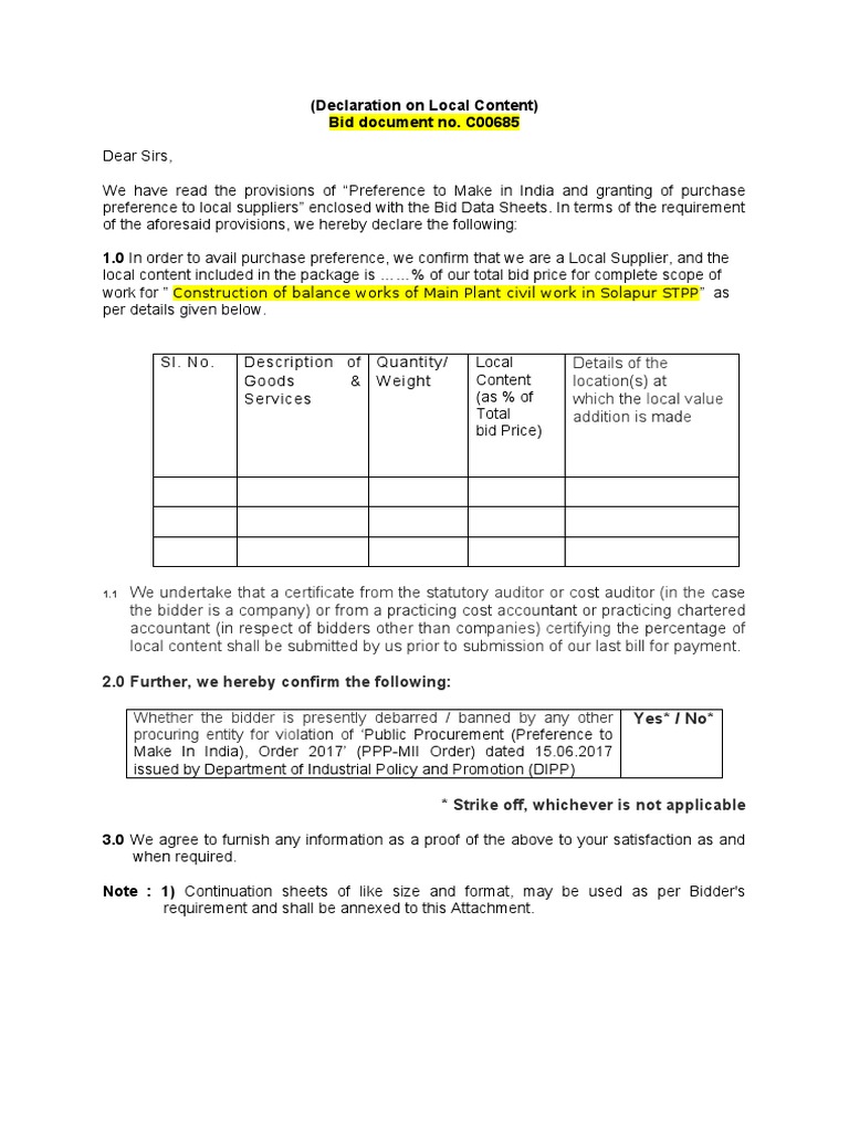 Attachment - 22 - Local Content Declaration To Be Submitted With Price ...