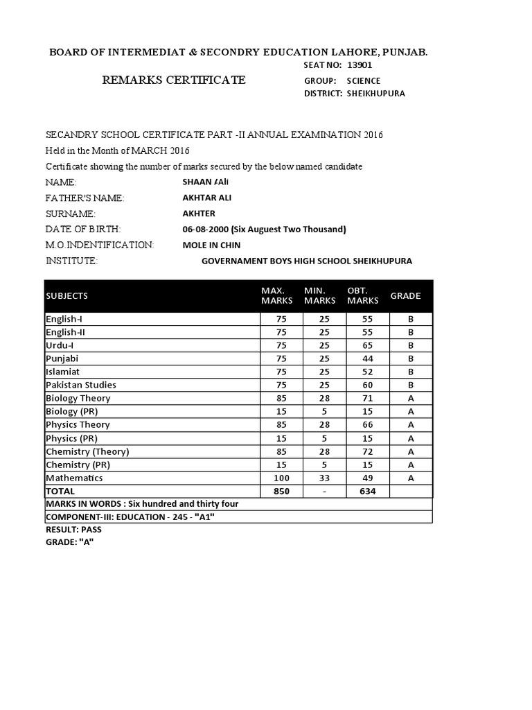 Sample Result Sheet | PDF