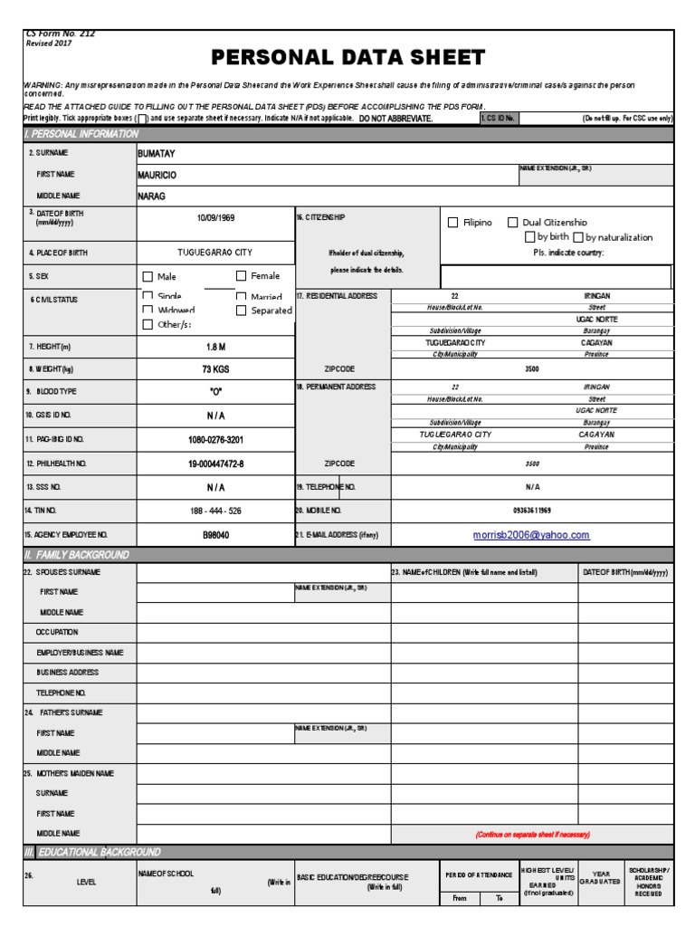 CS Form No. 212 Revised Personal Data - 2017 | PDF | Passport | Crime ...