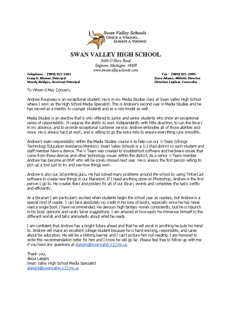 Andrew Rousseau Recommendation Letter 2 1 | PDF | Communication | Science