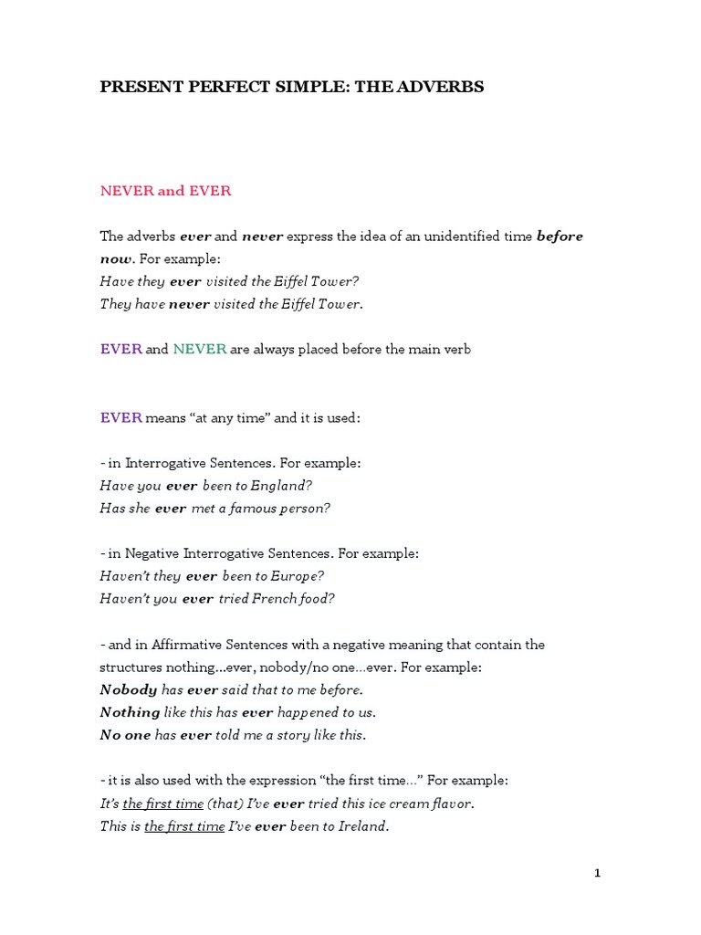 Present Perfect Simple-The Adverbs | PDF | Verb | Grammar