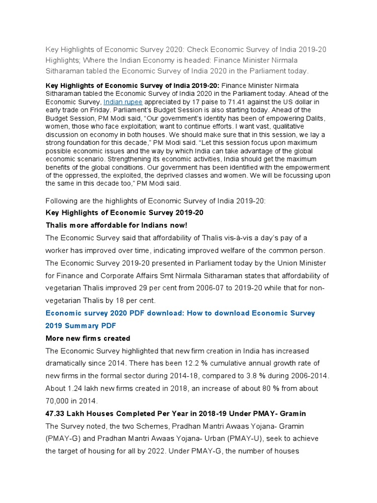 Economic Survey 2020 Highlights India | PDF | Economies | Economy (General)