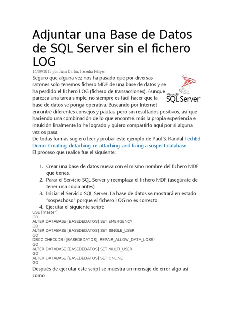 Adjuntar Una Base de Datos de SQL Server Sin El Fichero LOG | PDF ...