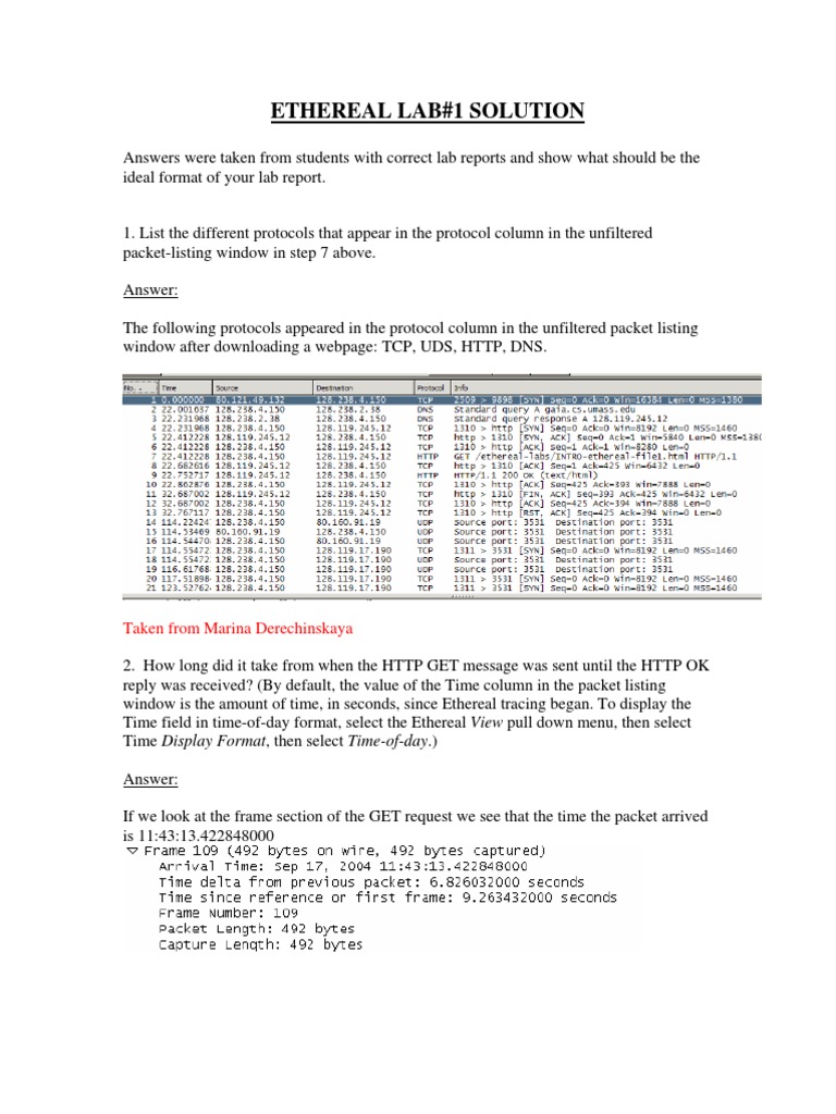 Ethereal Lab#1 Solution: Taken From Marina Derechinskaya | PDF