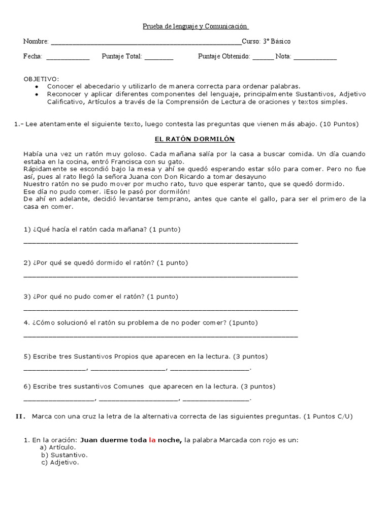 .Prueba - de - Lenguaje de Sustantivos y Adjetivos Articulos y ...