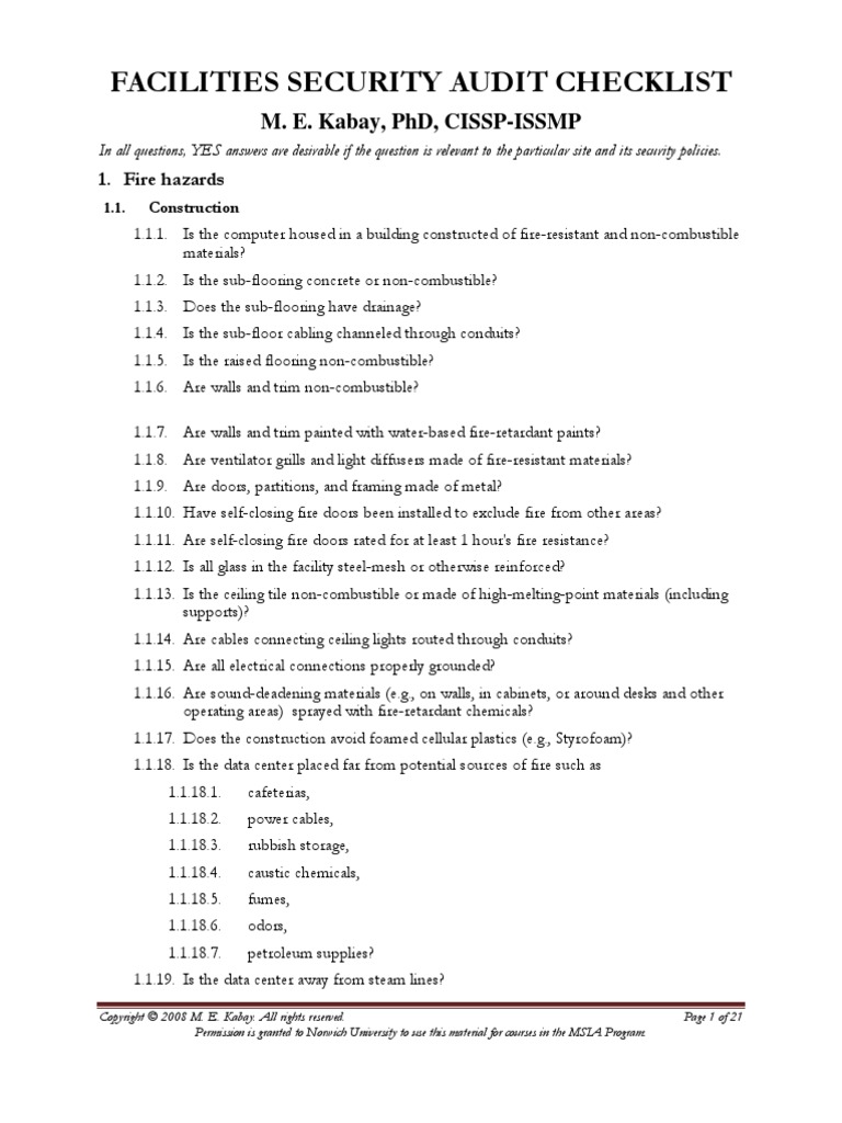 Facilities Security Audit Checklist: M. E. Kabay, PHD, Cissp-Issmp ...