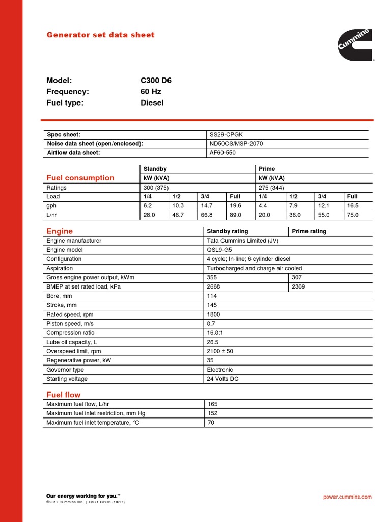 Model: C300 D6 Frequency: 60 HZ Fuel Type: Diesel: Generator Set Data ...