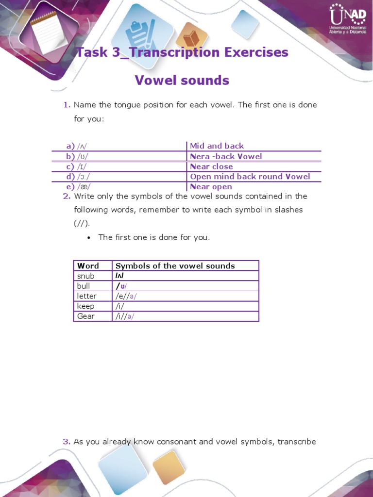 Task 3 - Transcription Exercises Vowel Sounds | PDF