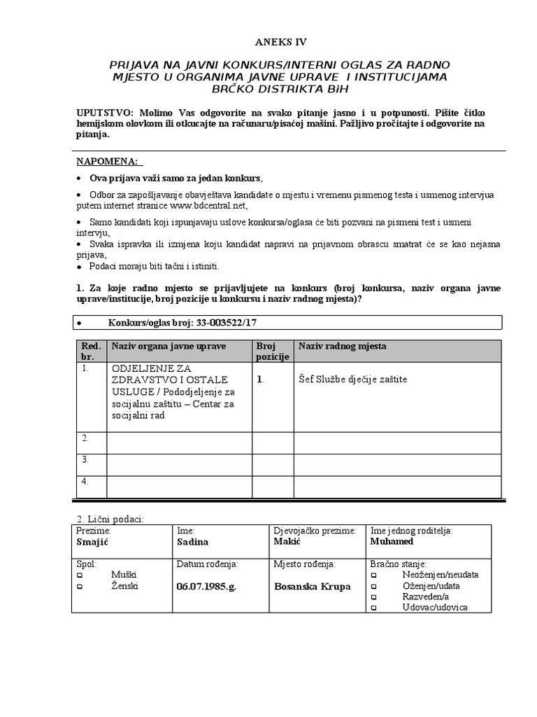 Obrazac-Prijava Na Javni Konkurs-Interni Oglas Za Radno Mjesto U Organu ...