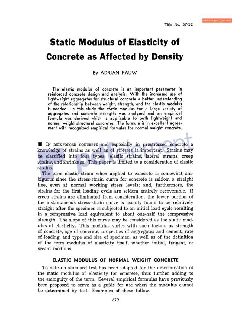 STATIC MODULUS OF ELASTICITY CONCRET PAUW 1960 Reference - 08.05 | PDF