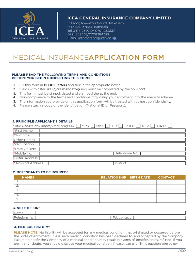 Medical Insurance Application Form: Icea General Insurance Company ...