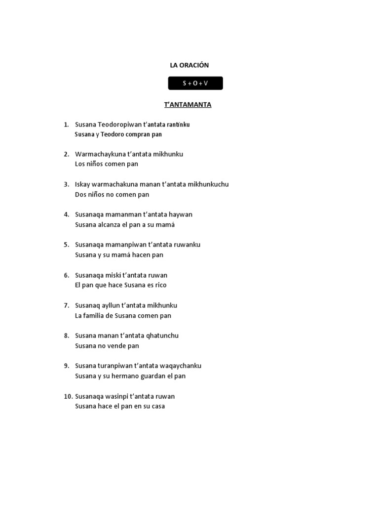 ORACIONES CORTAS QUECHUA resuelto.docx | Sintaxis | Gramática