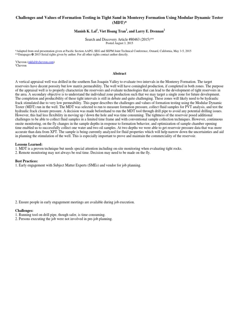 Challenges and Values of Formation Testing in Tight Sand in Monterey ...