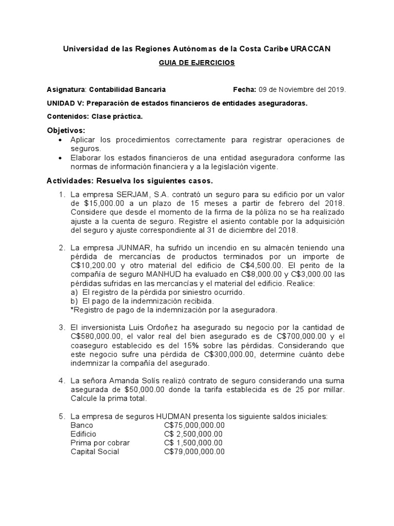 Guia de Ejercicios Contabilidad de Seguros | PDF | Seguro | Reaseguro