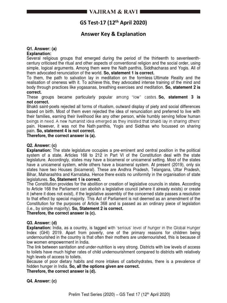 GS Test-17 (12 April 2020) Answer Key & Explanation | PDF | Efficient ...