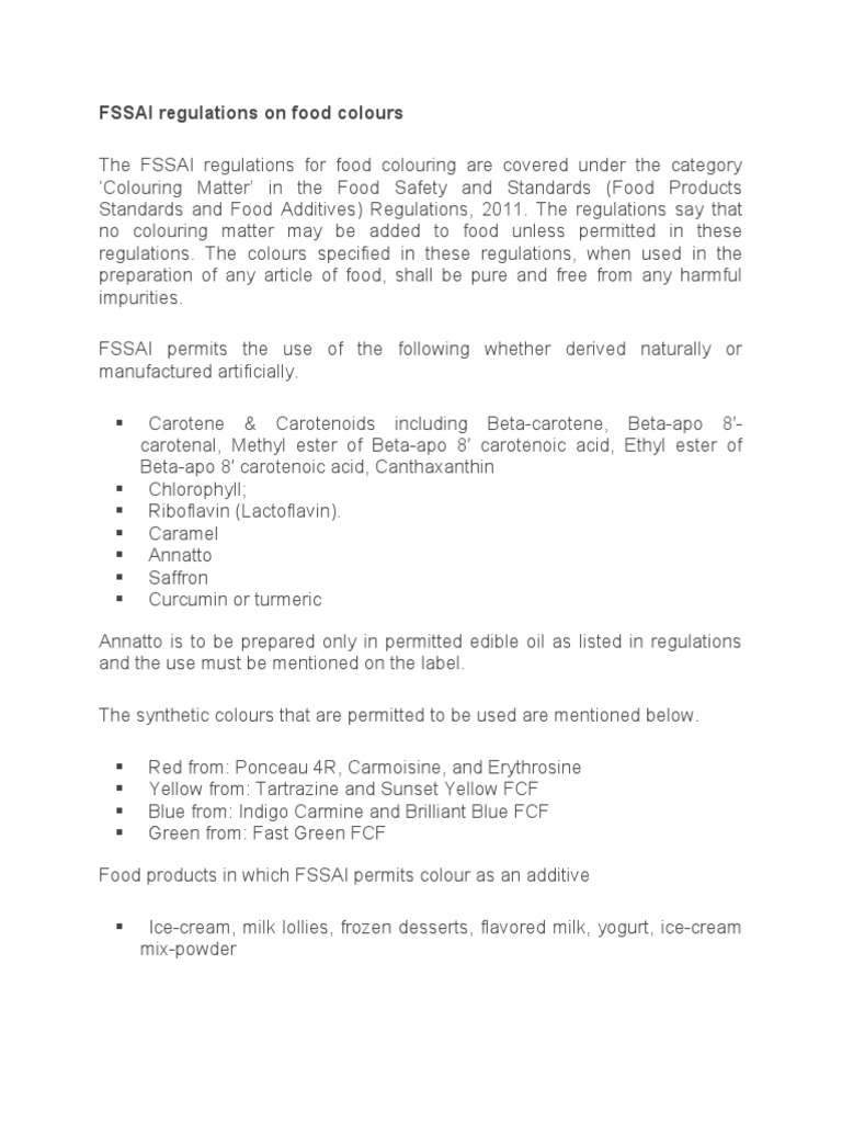 FSSAI Regulations On Food Colours | PDF | Fruit Preserves | Confectionery