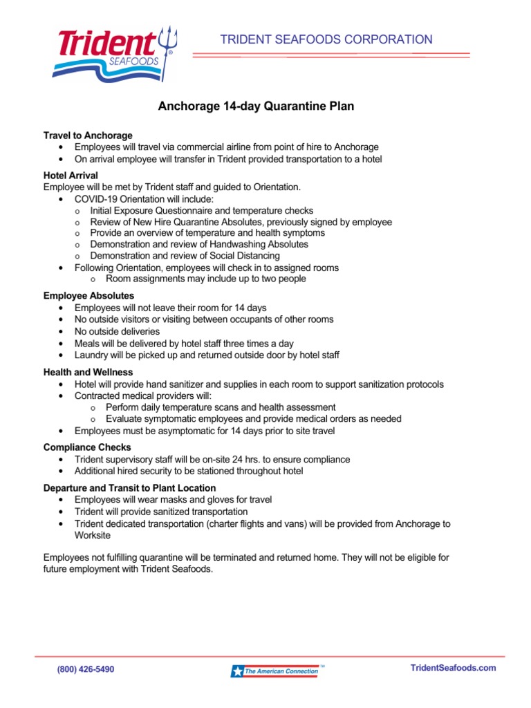 Trident Seafoods Anchorage 14-Day Quarantine Plan | PDF