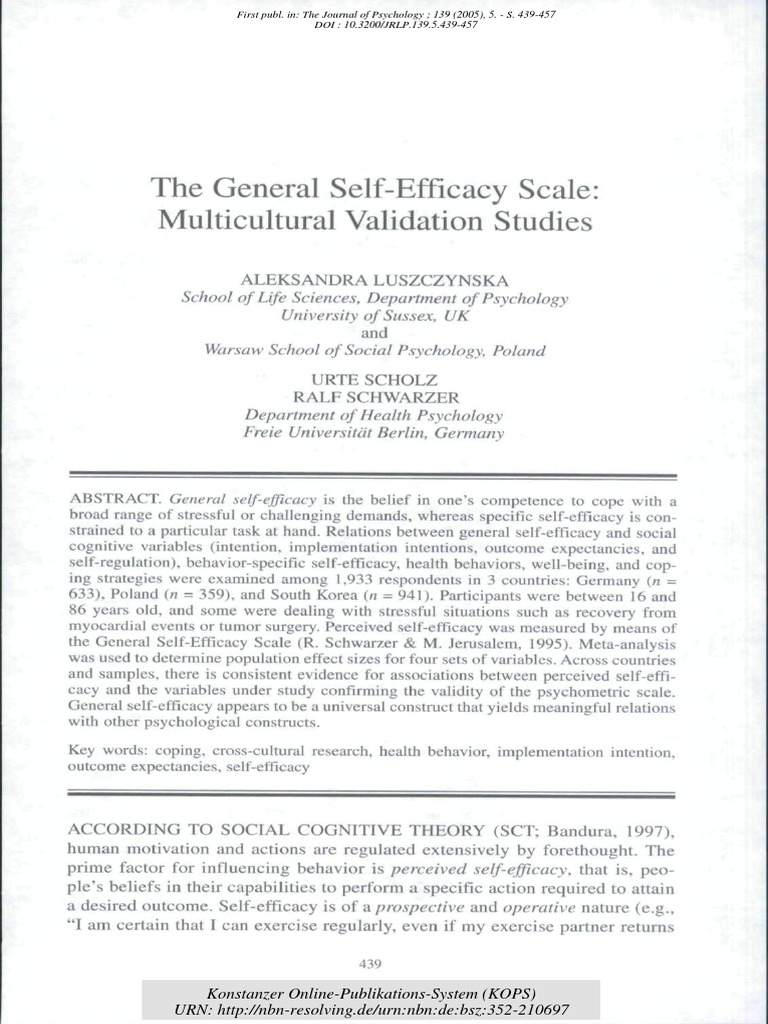The General Self-Efficacy Scale: Multicultural Validation Studies | PDF | Self Efficacy ...