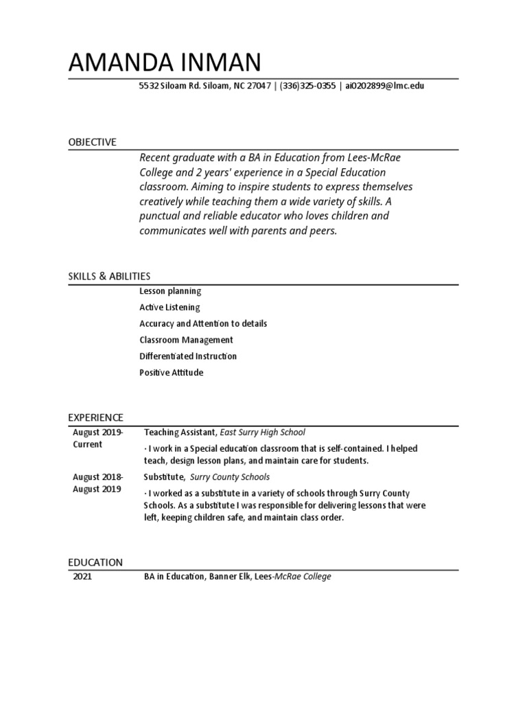 Amanda Inman Resume 1 | PDF