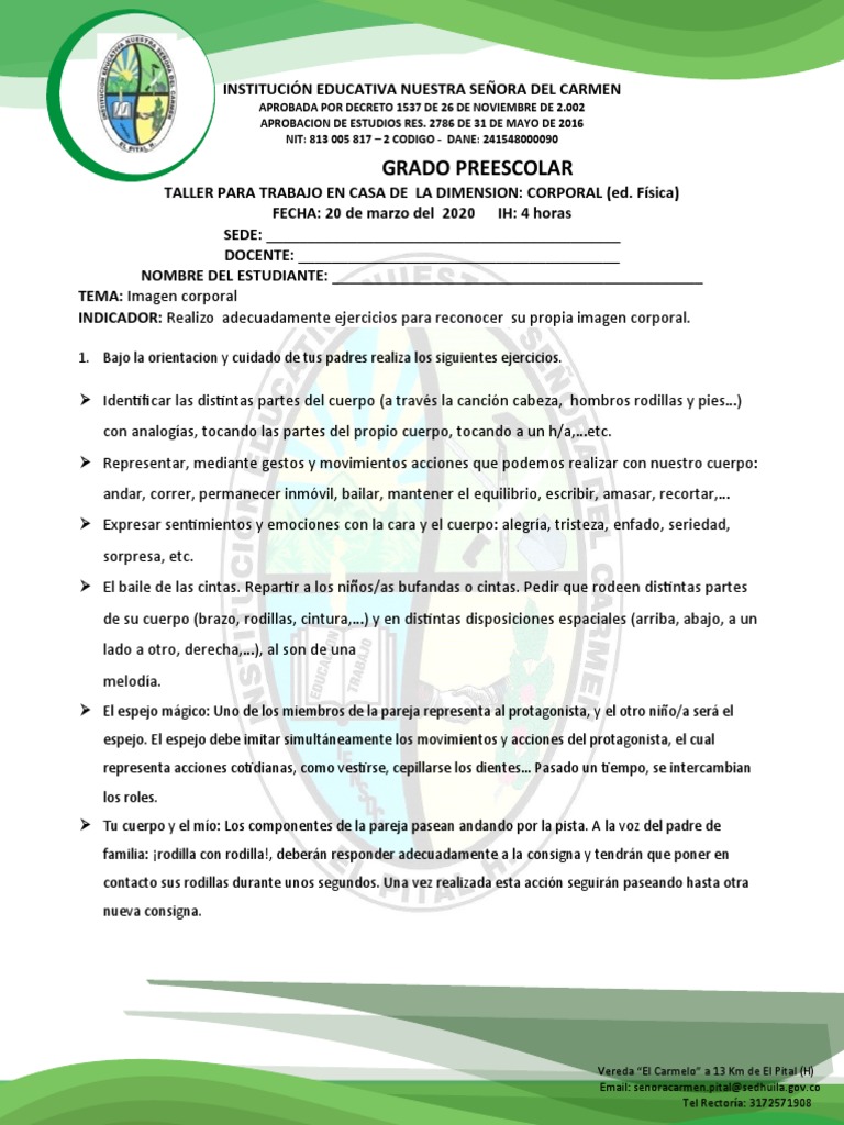 DIMENSION CORPORAL (Ed. Fisica) PREESCOLAR TRABAJO EN CASA | PDF