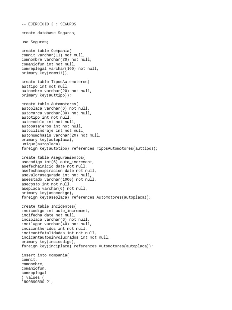 Laboratorio SQL - Ejercicio 3 - Seguros | PDF | Informática y tecnología de la información